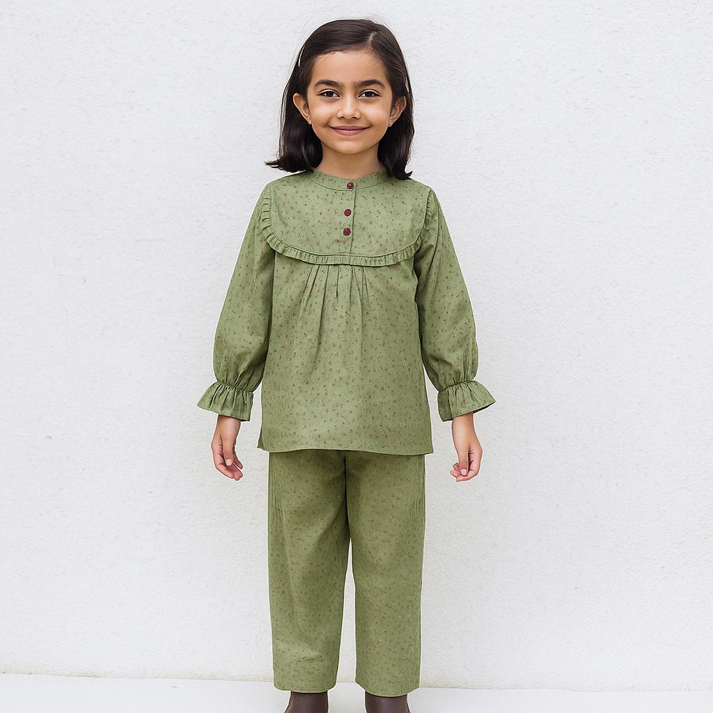 Olive Green Corduroy Cherry Pattern 2 Pc set 243 – Kids Couture